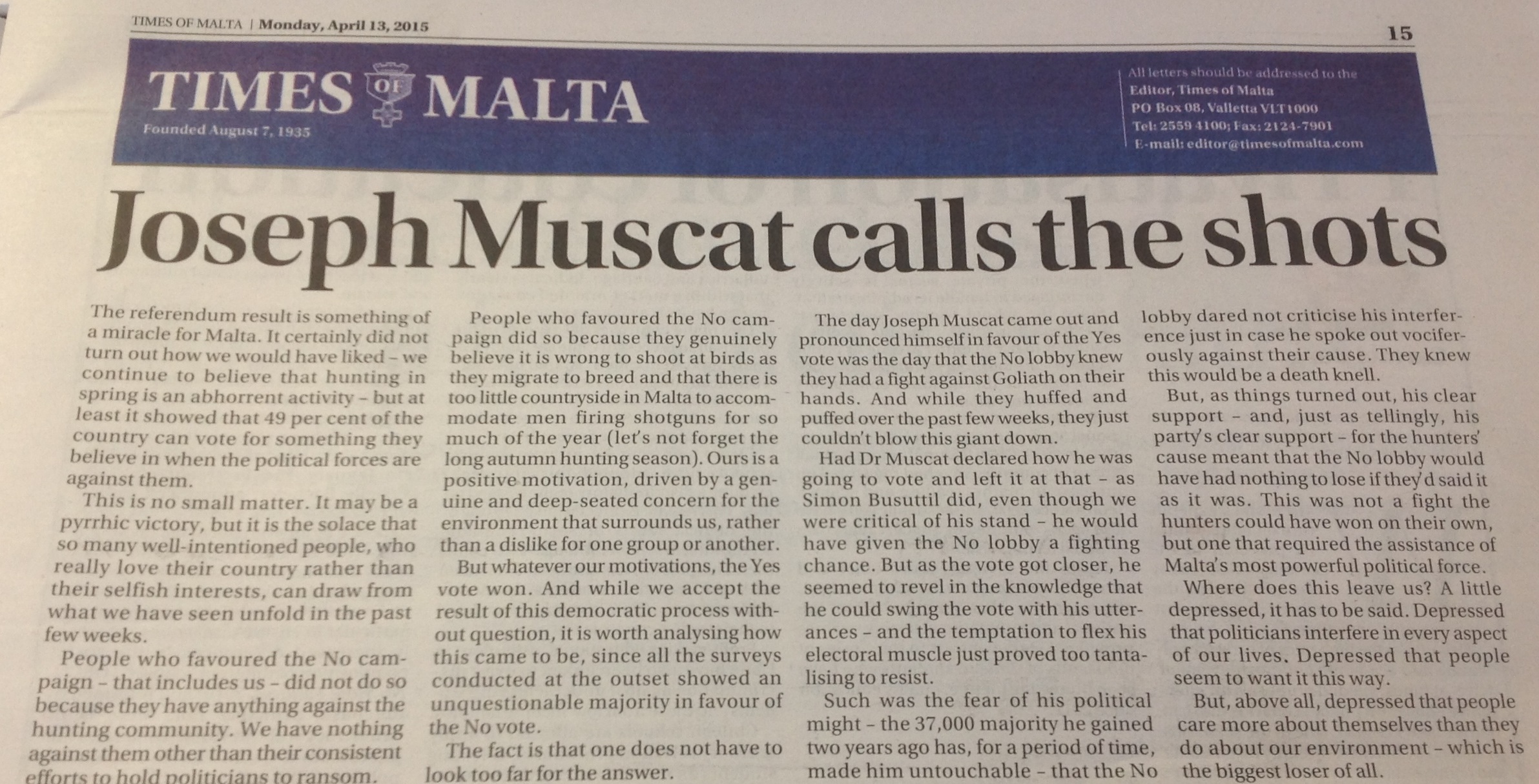 Times of Malta: Joseph Muscat influwenza vot favur il-kaċċa fir ...