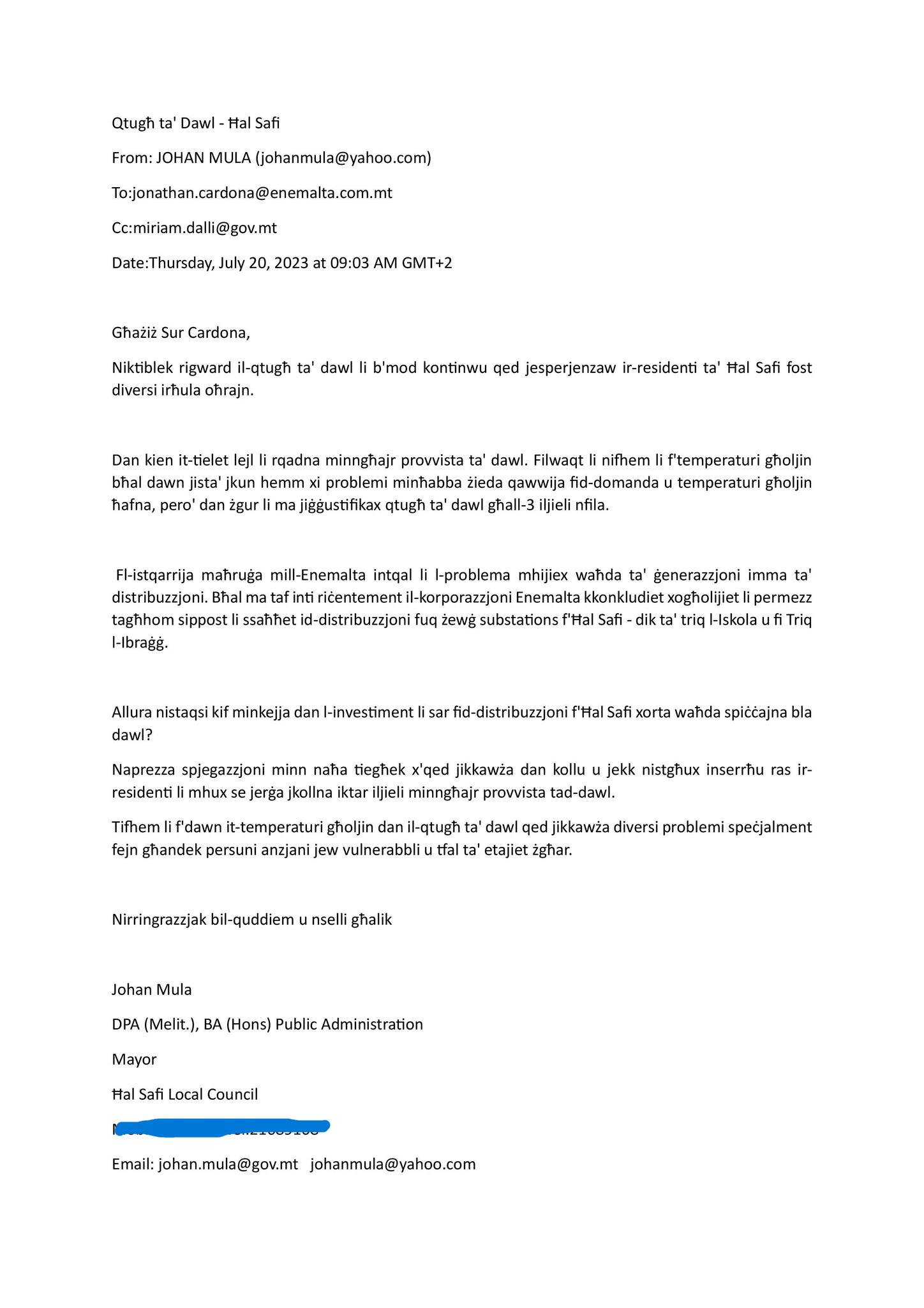 Is-Sindku Laburista jgħid li f'Ħal Safi "issaħħew żewġ substations ...