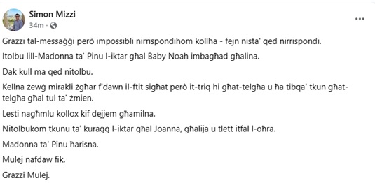 "Itolbu għal Baby Noah imbagħad għalina" - Simon Mizzi... missier it ...